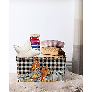 Storage Bin Foldable Storage Basket Pumpkin Gnome Thanksgiving Fall Maple Leaf,Large Storage Bins Handles Storage Baskets for Organizing,Farm Harvest Black Checker Collapsible Storage Cubes Organizer