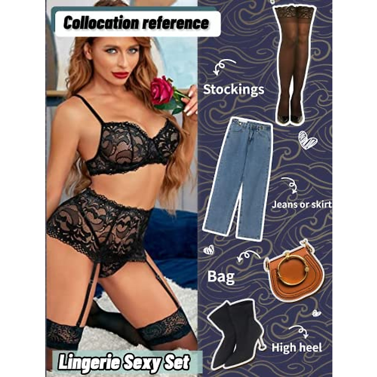 Avidlove Sexy Lingerie for Women Garter Lingerie Set High Waist Lingerie Underwire(Black,M