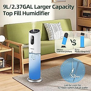 TEBILD Humidifiers for Bedroom Large Room 9L Ultrasonic Cool Mist Humidifier Top Fill Last Up to 52H with 3 Mist Speed,360°Nozzle,Timer, Night Light,Quiet Large Humidifier for Baby Adults Home Office
