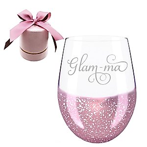 Valentines Day Gifts for Grandma, Glam-ma Glamorous Grandmother Stemless Pink Wine Glass Funny Gifts for Grandma