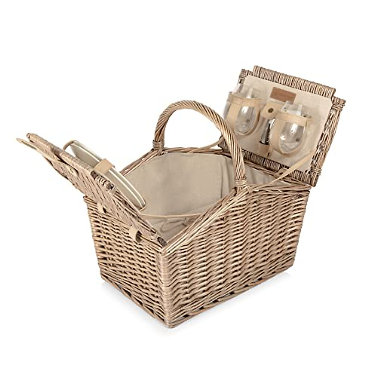 PICNIC TIME Piccadilly Picnic Basket - Romantic Picnic Basket for 2 with Picnic Set, (Natural Canvas)