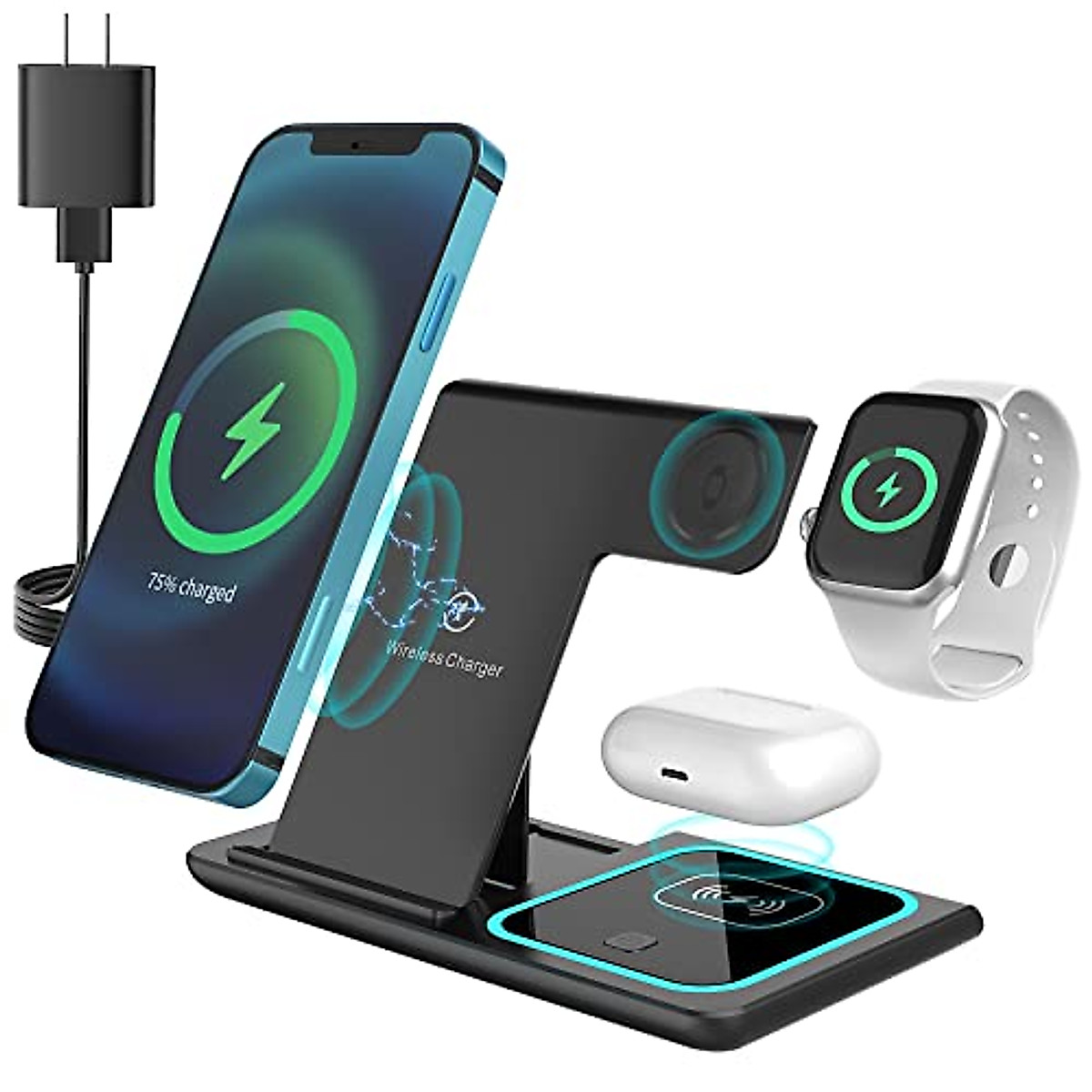Wireless Charger, 3 in 1 Fast Wireless Charging Station, Charging Stand Dock for iPhone 14,13,12,11(Pro, Pro Max)/XS Max/XR/XS/X/8(Plus), for Samsung Galaxy, for Apple Watch Series & AirPods(Black)