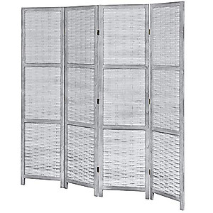 MyGift Privacy Screen, 4-Panel 6ft Vintage Gray Wood & Whitewashed Woven Bamboo Room Divider Screen