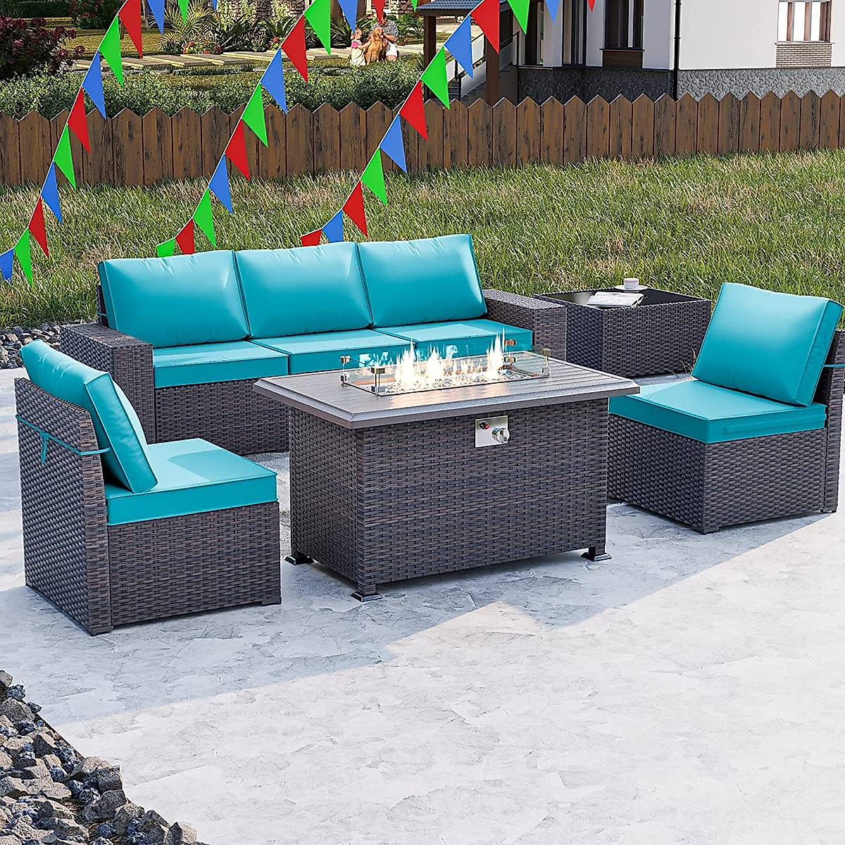Kullavik 7 Pieces Outdoor Patio Furniture Set with 43" 55000BTU Gas Propane Fire Pit Table PE Wicker Rattan Sectional Sofa Patio Conversation Sets,Green Blue