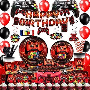 Red Video Game Party Supplies - 212Pcs Gamer Gaming Party Decoration For Boys Birthday Party - Table Cover, Plates, Cups, Napkins, Utensils, Hanging Swirls, Birthday Banner, Cupcake, Topper Cake Topper & Balloons Serves 16 Guests