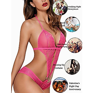 Avidlove Womens Teddy Lingerie Sexy Lace Bodysuit One Piece Babydoll Lingerie Hot Pink