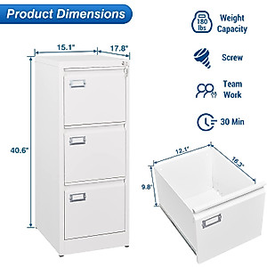 heycode 3 Drawers Filing Cabinets for Home Office,Vertical File Cabinet with Lock, Metal Office Locking File stoage Cabinet, Small Filing Cabinet Organizer for Hanging Legal/A4 (White, 3 Drawers)