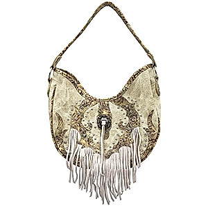 Zelris Western Concho Fringe Lace Two Toned Conceal Carry Hobo Tote Wallet Set (Beige)