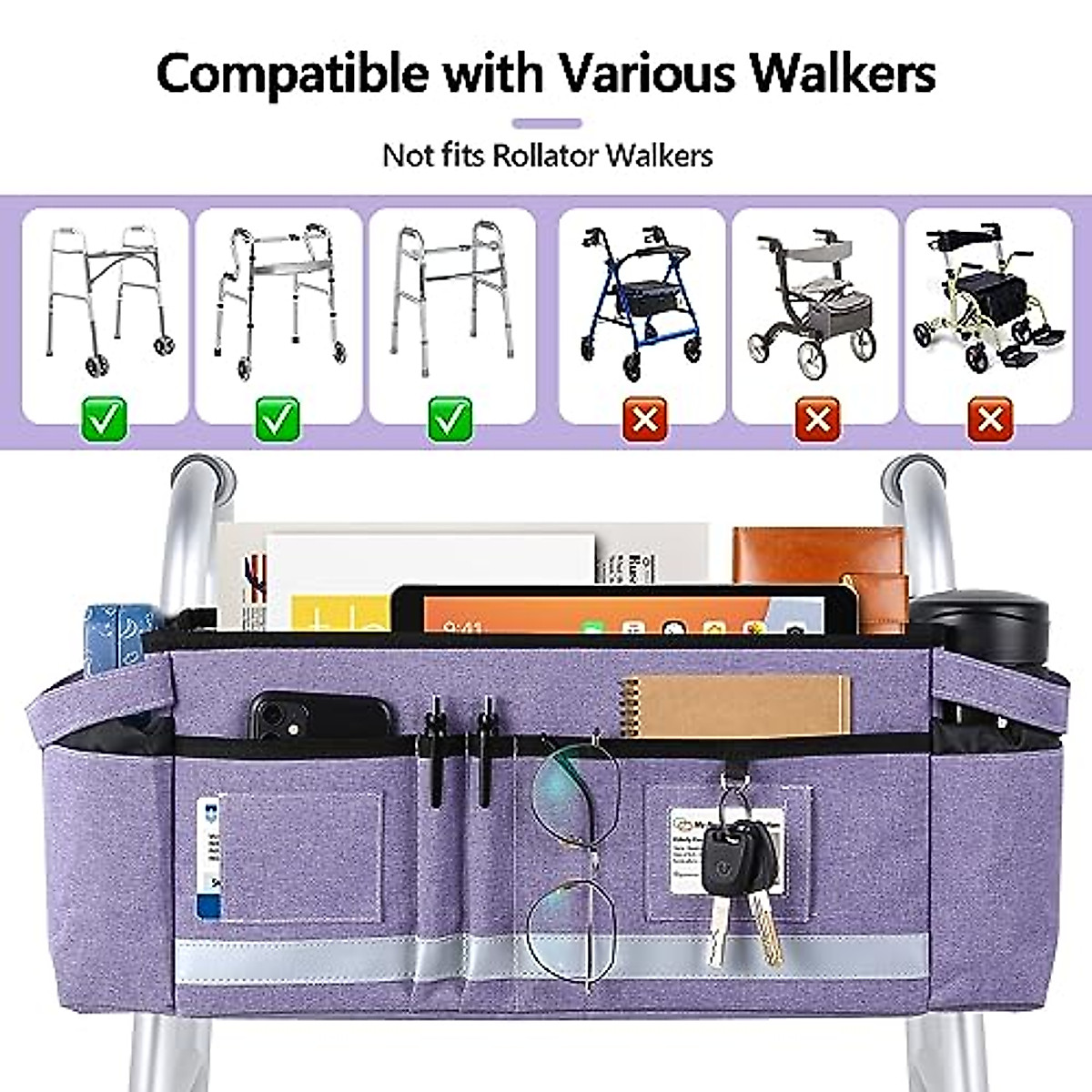 Walker Basket Walker Bag with Cup Holder,Baskets Bag for Walkers for Seniors with Pockets,Walker Pouch Walker Accessories for Folding Walker,Rollator Walkers (Purple)