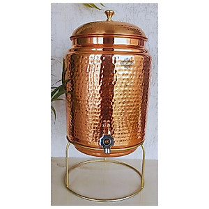 Indian Art Villa Pure Copper Hammered Design Joint Proof Water Pot/Dispenser/Container/Matka/Tank with Brass Stand, Tap & Knob, for Storage & Serving Water, Volume- 608 Oz