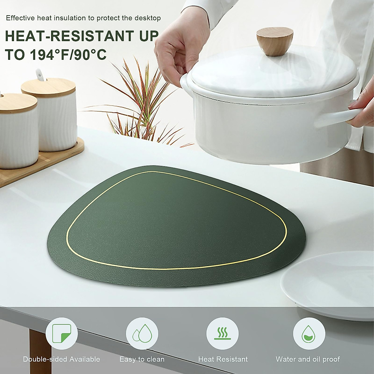 Placemats Set of 6 Double-Sided Leather Washable Heat Resistant Placemats with Coasters Waterproof Oil-Proof Wipeable Place Mats for Kitchen Table Dining Patio Indoor Outdoor Table Mats-Green