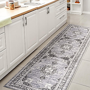 JONATHAN Y WSH201A-28 Bausch Bohemian Distressed Chenille Machine-Washable Runner Rug, Classic, Mediterranean, Rustic for Living Room, Dining Room, Bedroom, Kitchen, Gray/White, 2 X 8