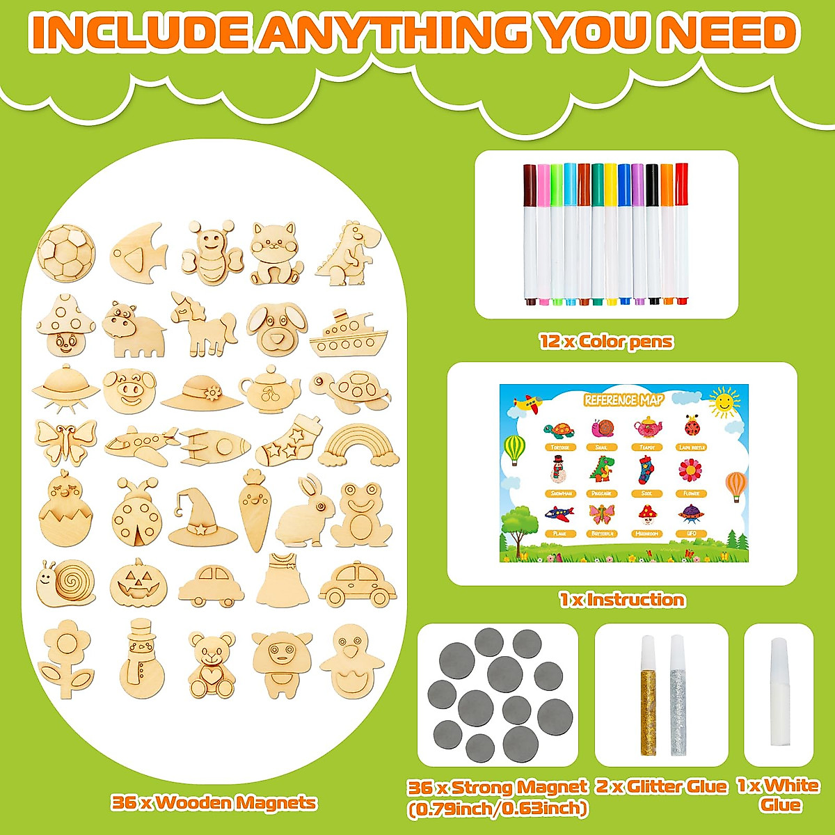 MGparty 36pcs DIY Wooden Magnets Painting Craft Kit, Wooden Art Craft Bulk Toys for Kids Age 3,4,5,6,7,8-12, Party Favors Decorate Your Own Painting Birthday Gifts for Boys Girls