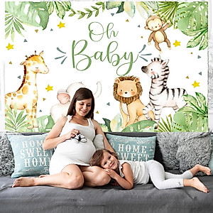Mocsicka Jungle Safari Boy Baby Shower Backdrop Wild Animals Safari Party Decorations Oh Baby Jungle Theme Tropical Green Leaves Baby Shower Banner Supplies