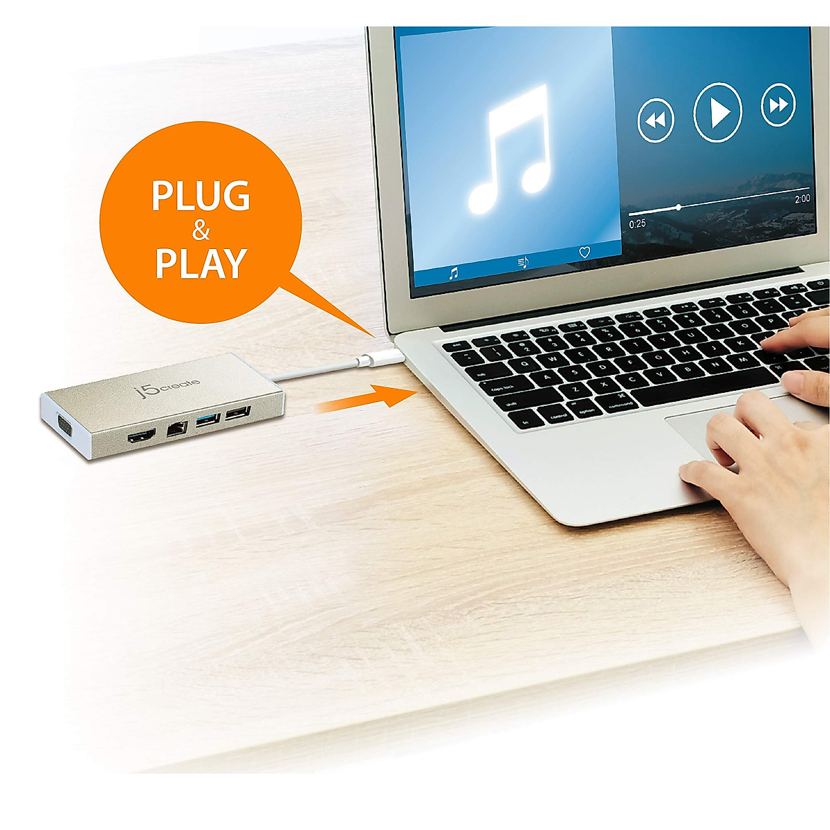 j5create USB-C 3.1 Mini Hub- USB 3.1/3.0/2.0| HDMI 1920 x 1200 @ 60 Hz/VGA 1920 x 1200 @ 60 Hz | Gigabit Ethernet | Compatible with USB C Devices