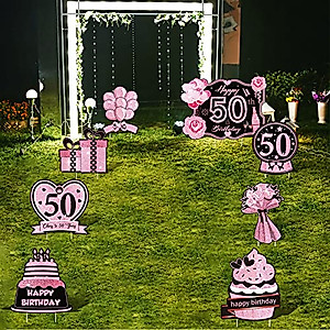 50th Birthday Yard Sign Decorations Supplies for Women, Black Pink Happy 50 Birthday Lawn Sign with Stakes 50 Year Old Birthday Yard Decor Fifty Birthday Outdoor Lawn Decorations for Women