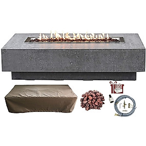 AMS Fireplace | Elementi | Large Rectangular Natural Gas Fire Pit Table | Free Bio-Ethanol Tabletop Lantern | With Canvas Cover, Lava Rocks, and Gas Key Valve | Fuel: Natural Gas, Hampton - Light Grey