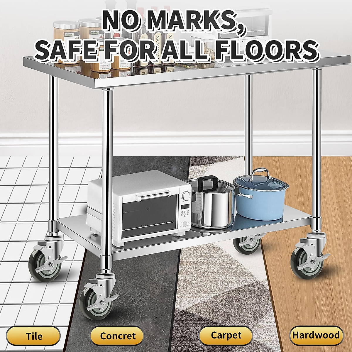 Besitu 4 inches Prep Table Wheels Set of 4, 1-1/2" and 1-5/8" Expanding Stem Caster with Side Brake for Stainless Steel Table, Cart, Furniture Legs, Commercial Kitchen Appliances, Workbench