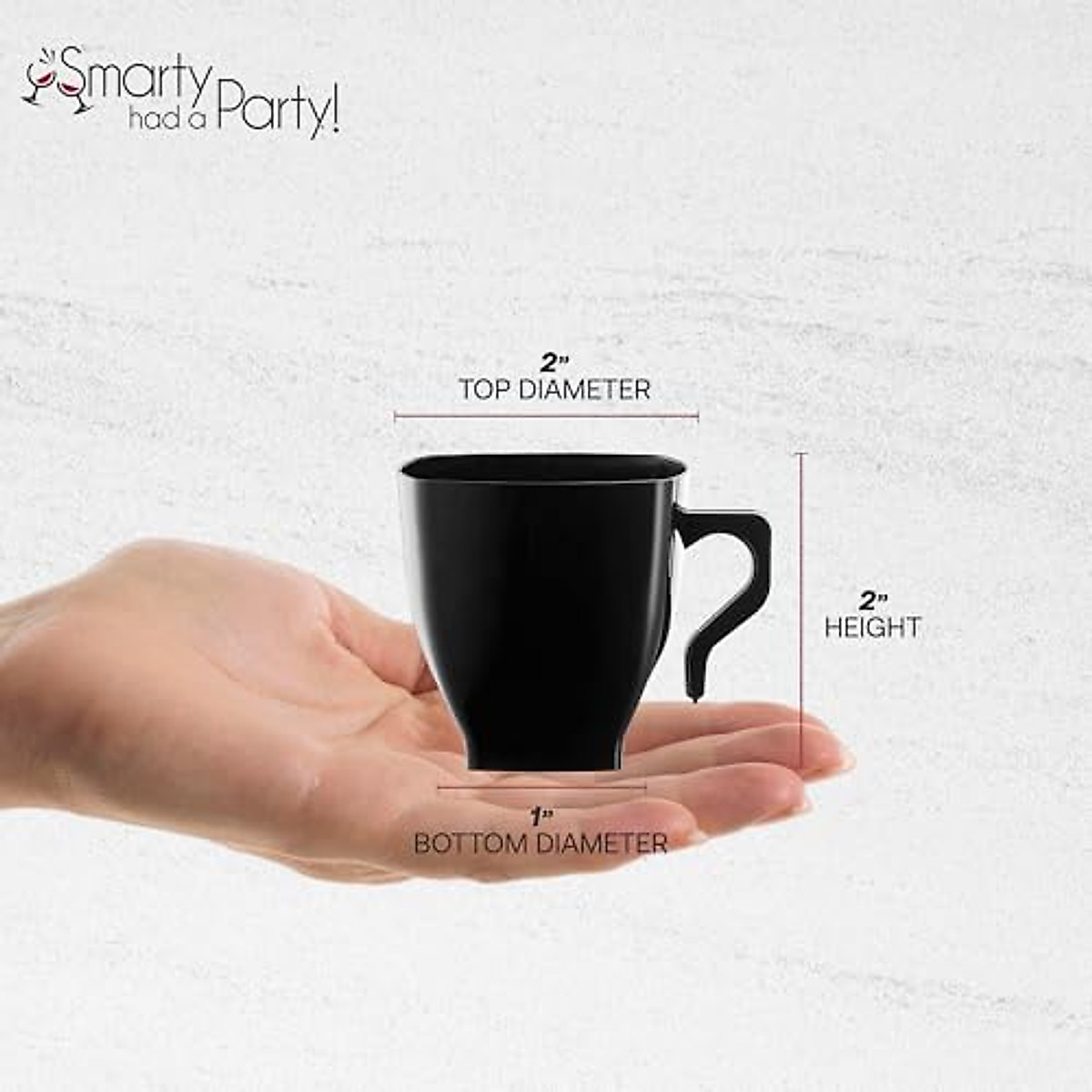 Smarty Had A Party 2 oz Black Plastic Tea Cups with Handles Set of 240 Disposable Mugs for Tea Parties, Espresso, and Coffee, Elegant Small Drinkware for Events