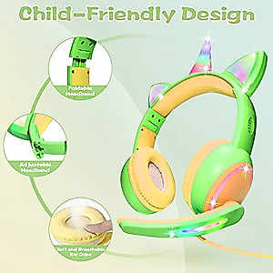 LED Lighting Unicorn Cat Ear Wired Headphones, Headphones for Kids with Microphone, Kids Headphones Safe Volume Limit 85DB, Headphones for Girls Boys for Online Learning/School/Travel/TabletGreen