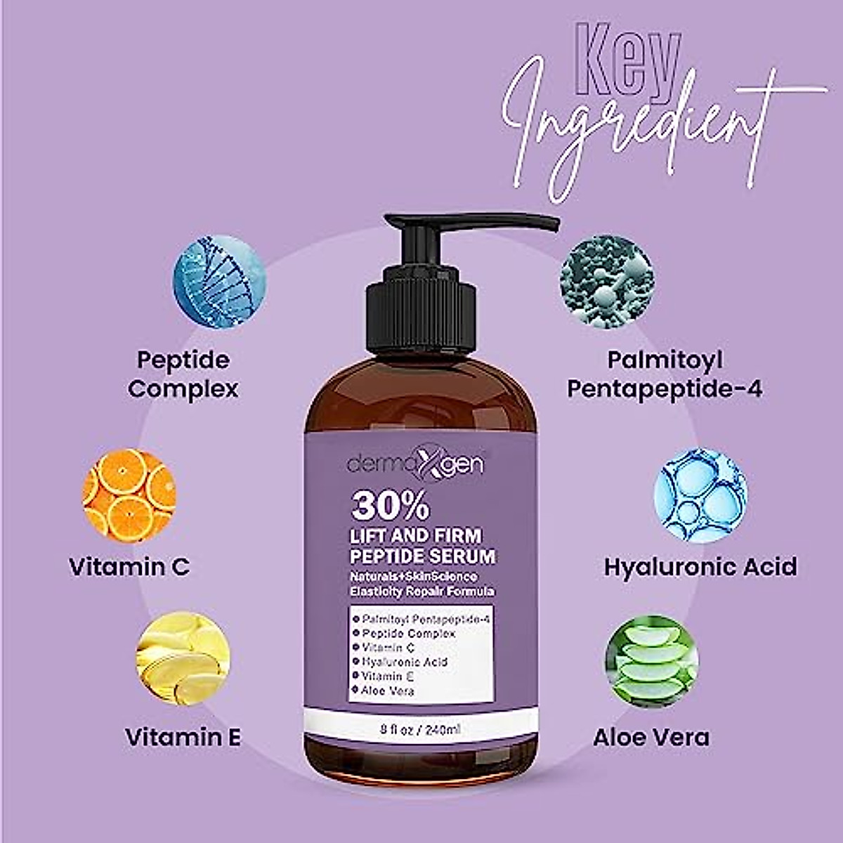 DERMAXGEN Lift And Firm 30% Peptide Serum - Matrixyl 3000, Vitamin C & E + Hyaluronic Acid + Aloe Vera | Collagen Booster, Skin Tightening & Anti-aging Formula - (8 FL OZ) For All Skin Types