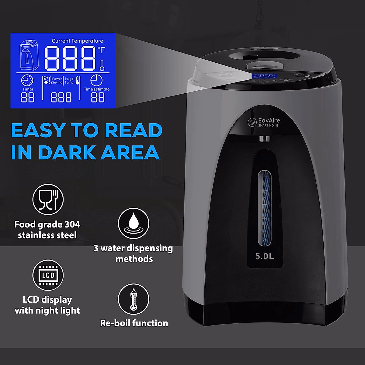 EavAire Digital Water Boiler Kettle Warmer, Fahrenheit Temp Display, Shabbat Manual Pump, Child-Proof Lock, Quick-Temp or Boil Option, Modern Design for Tea, Coffee, 5 Liter Capacity, Home and Office