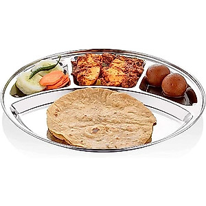 WhopperIndia Stainless Steel 4 Compartment Dinner Plate, Serving Platter, Restaurant Mess Tray Great for camping, picnics, school, indoor or outdoor use Set of 2 pcs- 13 Inch Each