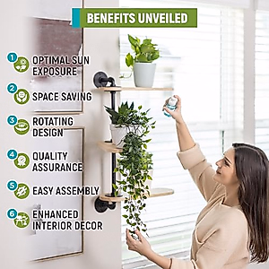 VEBAVO Rotating Window Plant Shelves for Optimal Light Exposure 16 inch, Wooden Window Shelf for Plants 3 Tier for Small Spaces, Stylish and Functional Indoor Plant Stand to Enhance Your Home Decor