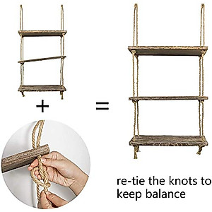 TIMEYARD Hanging Shelf Corner Wall Shelf, 3 Tier Distressed Wood Shelves with Jute Rope, Farmhouse Storage Organizer Rack Rustic Home Decor for Living Room Bedroom Bathroom Kitchen