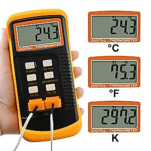Digital 2 Channels K-Type Thermometer w/ 4 Thermocouples (Wired & Stainless Steel), -50~1300°C (-58~2372°F) Handheld Desktop High Temperature Kelvin Scale Dual Measurement Meter Sensor