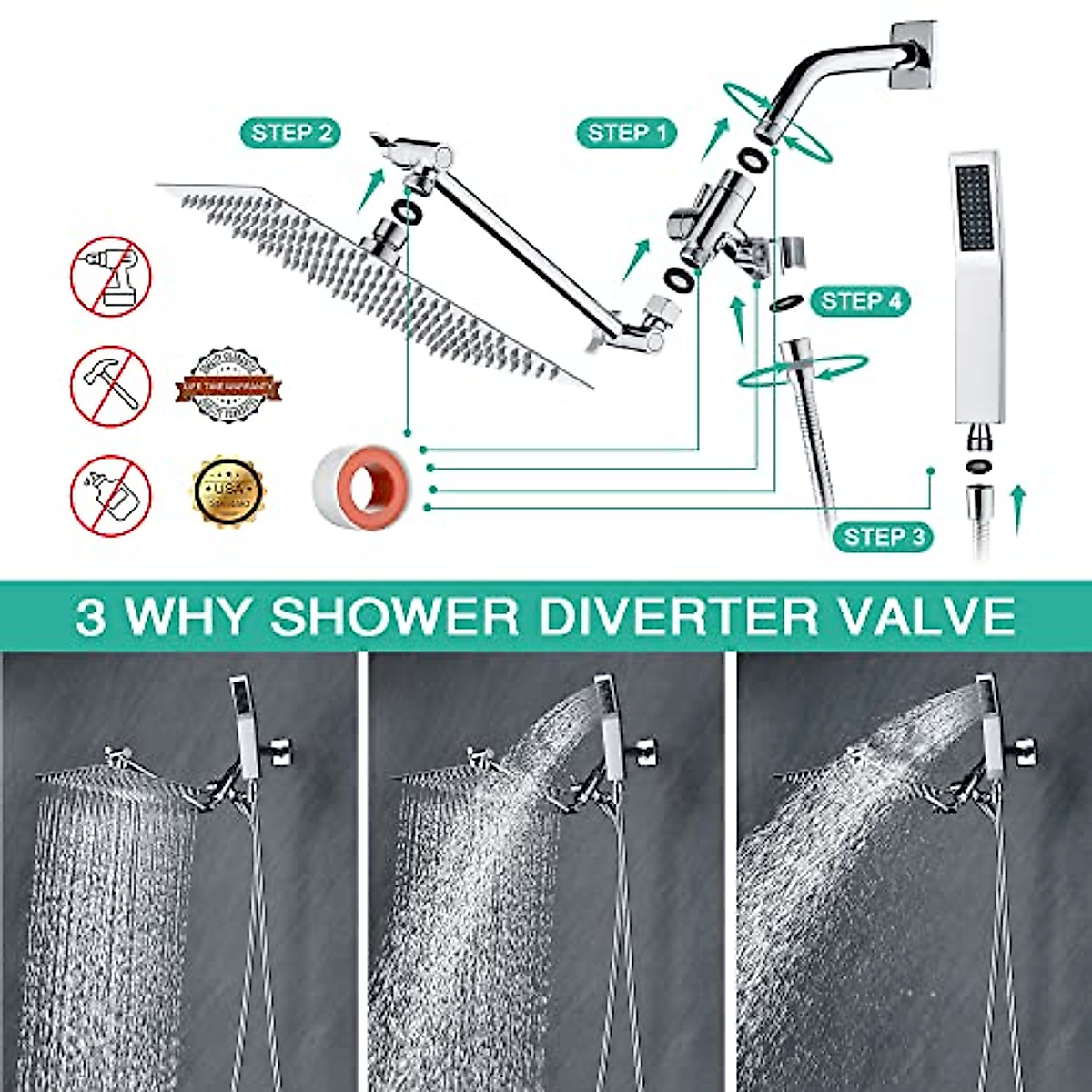10 Inch All Metal High Pressure Rainfall Shower Head with Handheld Combo, Rain Shower Head with Handheld Spray,3-Way Diverter,Height & Angle Adjustable Extension Arm,70" Flexible Hose
