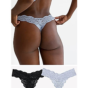 Smart & Sexy Women's Plus Size Signature Lace Thong Panty 2 Pack, Mineral Water/Black Hue, 3X