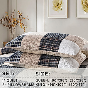 PERHOM 100% Cotton King Size Quilt Set - Lightweight Bedding Set, Real-Patchwork Plaid Pattern Printed Farmhouse Bedspreads, Soft Reversible Coverlet Comforter for All Season, 3 Pieces