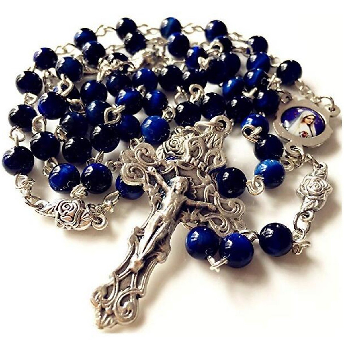 elegantmedical HANDMADE Blue Tiger Eye Beads & Silver Rose Beads ROSARY CROSS Crucifix Necklace box