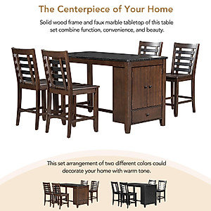 KLMM Retro Solid Wood 5-Piece Counter Height Dining Table Set with Faux Marble Tabletop,Storage Cabinet and Drawer,for Small Places Dining Room Use (Dark Walnut@Drawer)