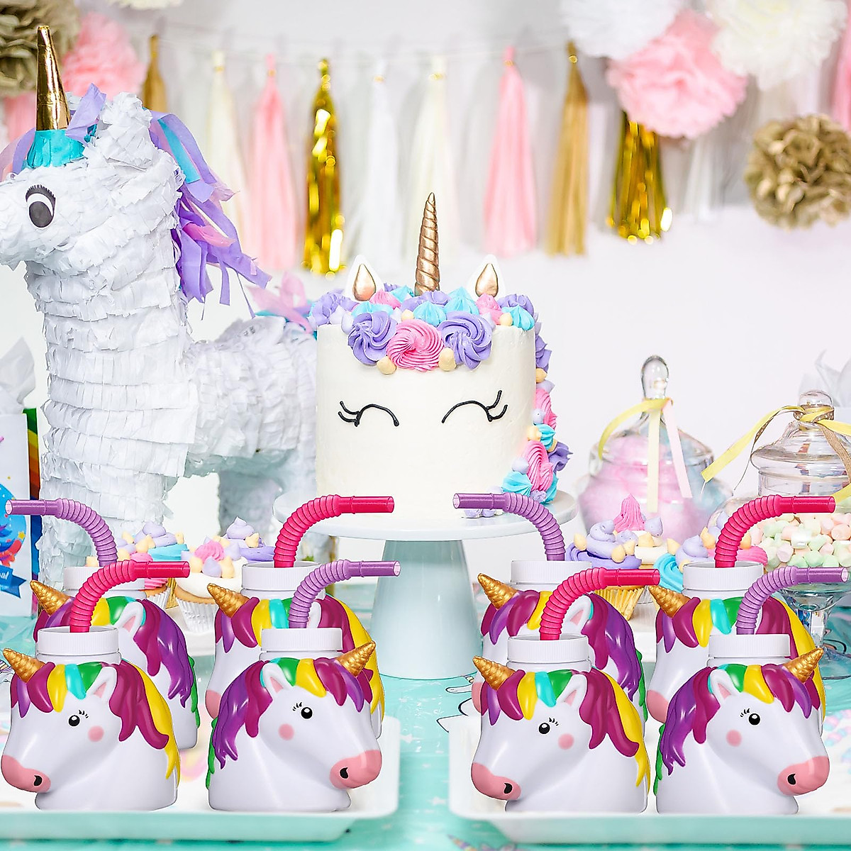 Mifoci Unicorn Birthday Party Favor Gift Supplies Unicorn Cups with Straws,10 oz Plastic Unicorn Shape Cup Reusable for Girls Birthday Baby Shower Unicorn Theme Party Supplies(Bright Color, 24 Set)