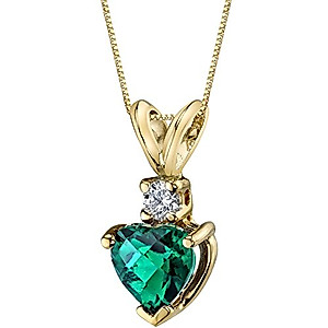 PEORA Created Emerald with Genuine Diamond Pendant in 14K Yellow Gold, Heart Shape Solitaire 6mm