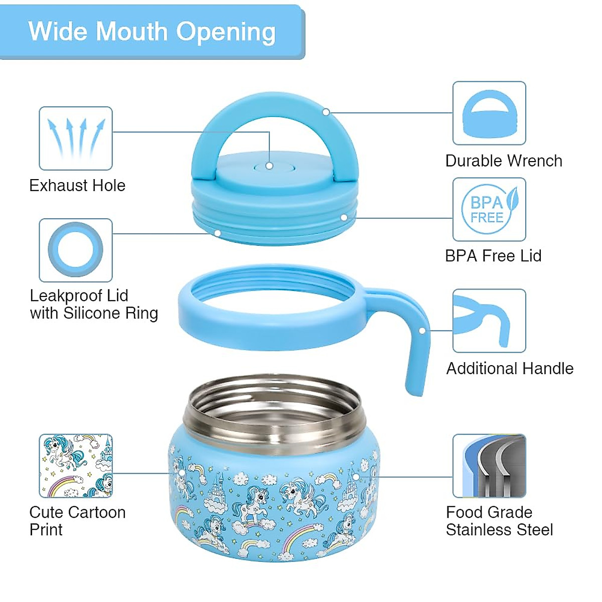 Morlike Hot Food Thermos Container for Kids Lunch Box, 8 oz Small Insulated Vacuum Stainless Steel Thermal Soup Containers with Leakproof Lid (Mint, Unicorn)