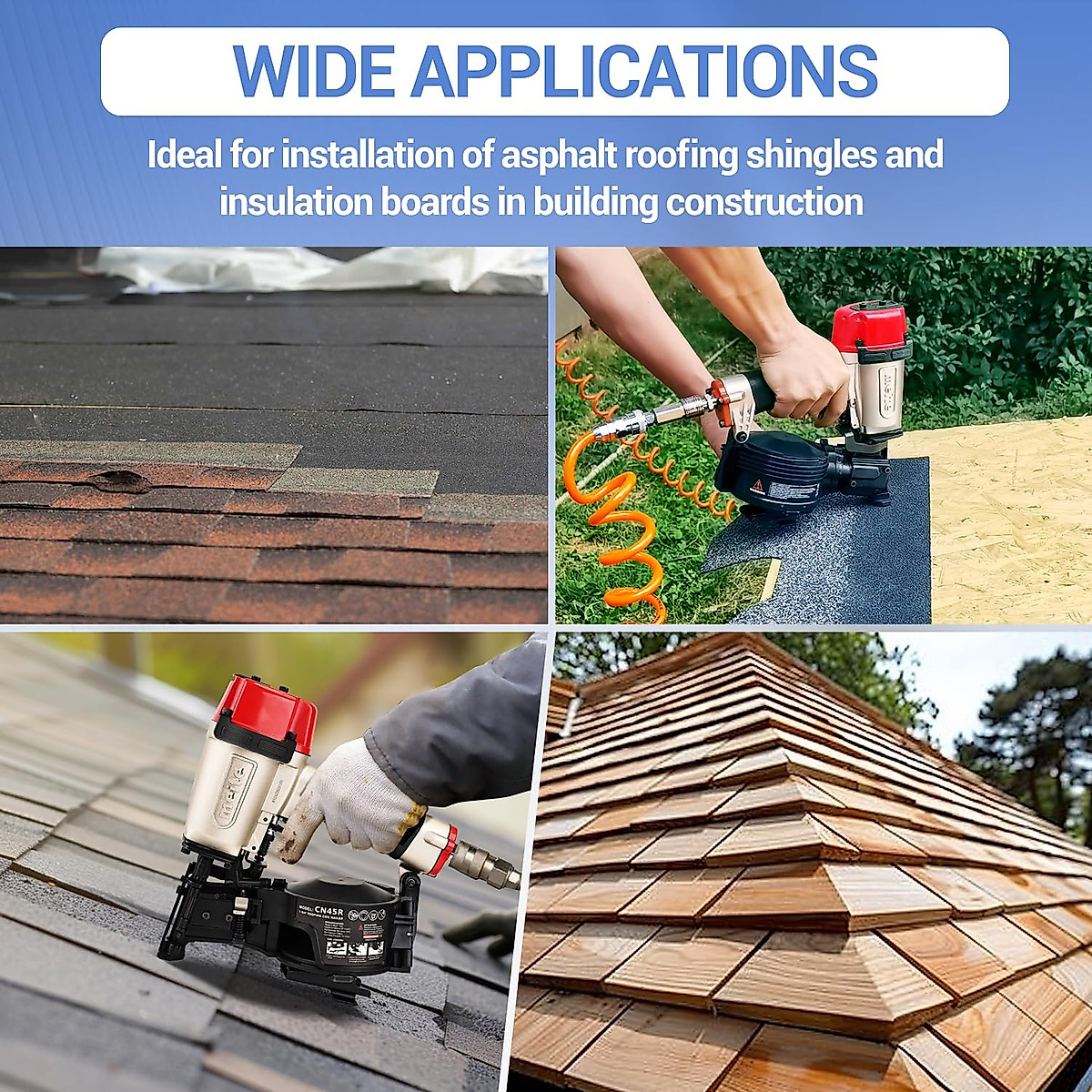 meite Roofing Nailer, Pneumatic Coil Roofing Nail Gun, Compatible with 15 Degree 7/8" to 1-3/4" Coil Roofing Nails, Lightweight Roofing Tools with Adjustable Nail Depth, Safety Switch (CN45R)