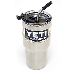 Spill Proof Tumbler Lid with Angled Stainless Steel Straw + Silicone Straw Tip + Straw Cleaning Brush for Yeti Rambler or Ozark Trail Tumblers (30oz, Black)
