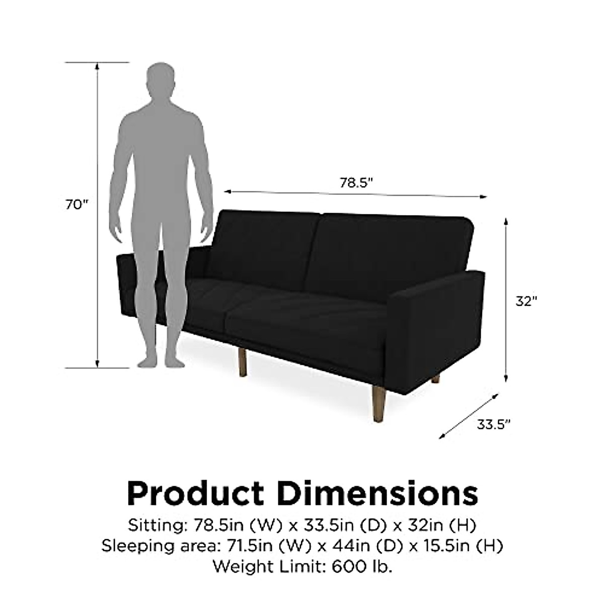 DHP Paxson 79 Inch Futon Sofa Bed, Upholstered Couch Sleeper with Diagonal Tufting, Mid-Century Modern, Black