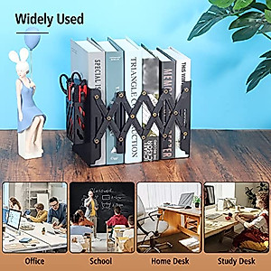 Adjustable Bookends - Metal Book End Holder with Removable Pen Holder Pocket for Office, School, Desktop Files Organizer / Book Shelf, Expandable Book Binder Holder