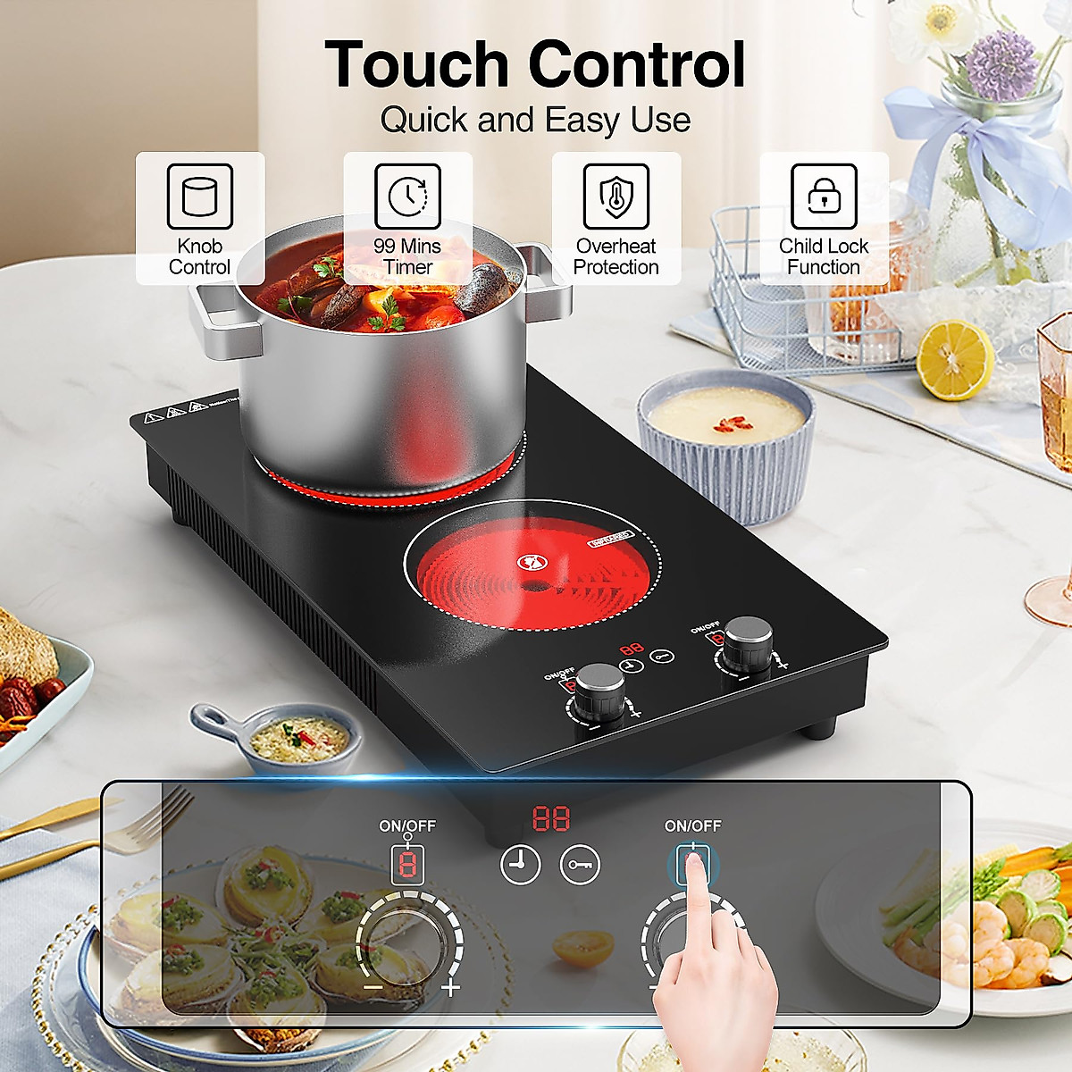 Electric Cooktop,110V 2400W Electric Stove Top with Knob Control, 11 Power Levels, Kids Lock & Timer, Hot Surface Indicator, Overheat Protection,Built-in and Countertop 2 Burner Electric Cooktop