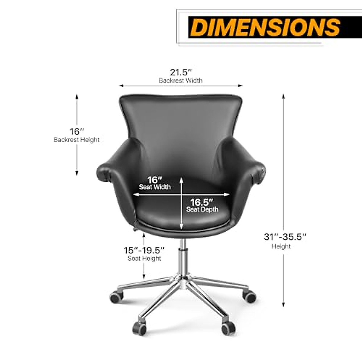 MoNiBloom Home Office Task Chair, Heigh-Adjustable Modern PU Leather Make Up Chair with Metal Base, 360° Swivel Task Chair Armchair for Living Room Bedroom Vanity Study, Black