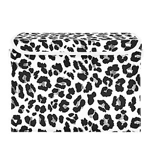 Joisal White Leopard Black Cheetah Collapsible Flip-Top Storage Box with Lid, Stackable Storage Boxes, Large Storage Bags, with Handle and Full Print