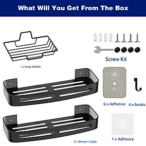 Fuprobys Shower Caddy 3 Pack - Large Shower Organizers & Soap Holder, Durable & Rustproof Shower Shelf, Wall Mounted Bathroom Shower Shelves, No Drilling Adhesive Shower Caddy with 4 Hooks, Black