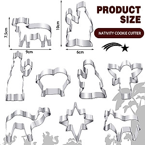 Funtery 9 Pcs Christmas Nativity Cookie Cutters Set Nativity Scene Stainless Steel Cookie Cutter Baby Jesus in Crib Star of Bethlehem Sheep Donkey Cookie Cutter for Christmas Baking