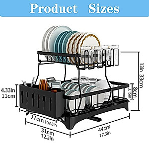 NIUXX Large Dishes Drying Rack Drainboard Set, 2 Tiers Stainless Steel Drainers Holder with Drainage Tray, Kitchen Counter Dish Dryer with Detachable Wine Glass Markcups Utensil Holder, Ideal Gift