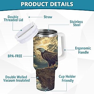 Slewiaeky Tumbler with Handle 40 oz Hawk Animal Classic America Travel Mug with Lid and Straw Stainless Steel Vacuum Insulated Water Bottle Cup for Iced Tea Coffee Cold Beverages Cup Holder Friendly