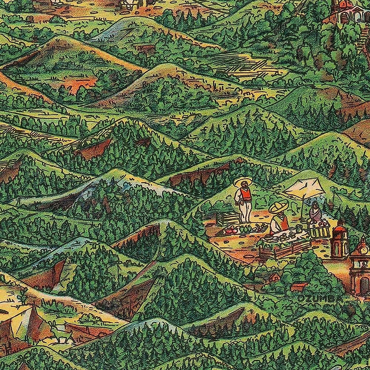 Antiguos Maps Valley of Mexico, Mexico City Pictoral Map c. 1930 - Mapa Pintoresco del Distrito Federal Yalre Dedores - measures 24 inches x 36 inches (610 mm x 915 mm)